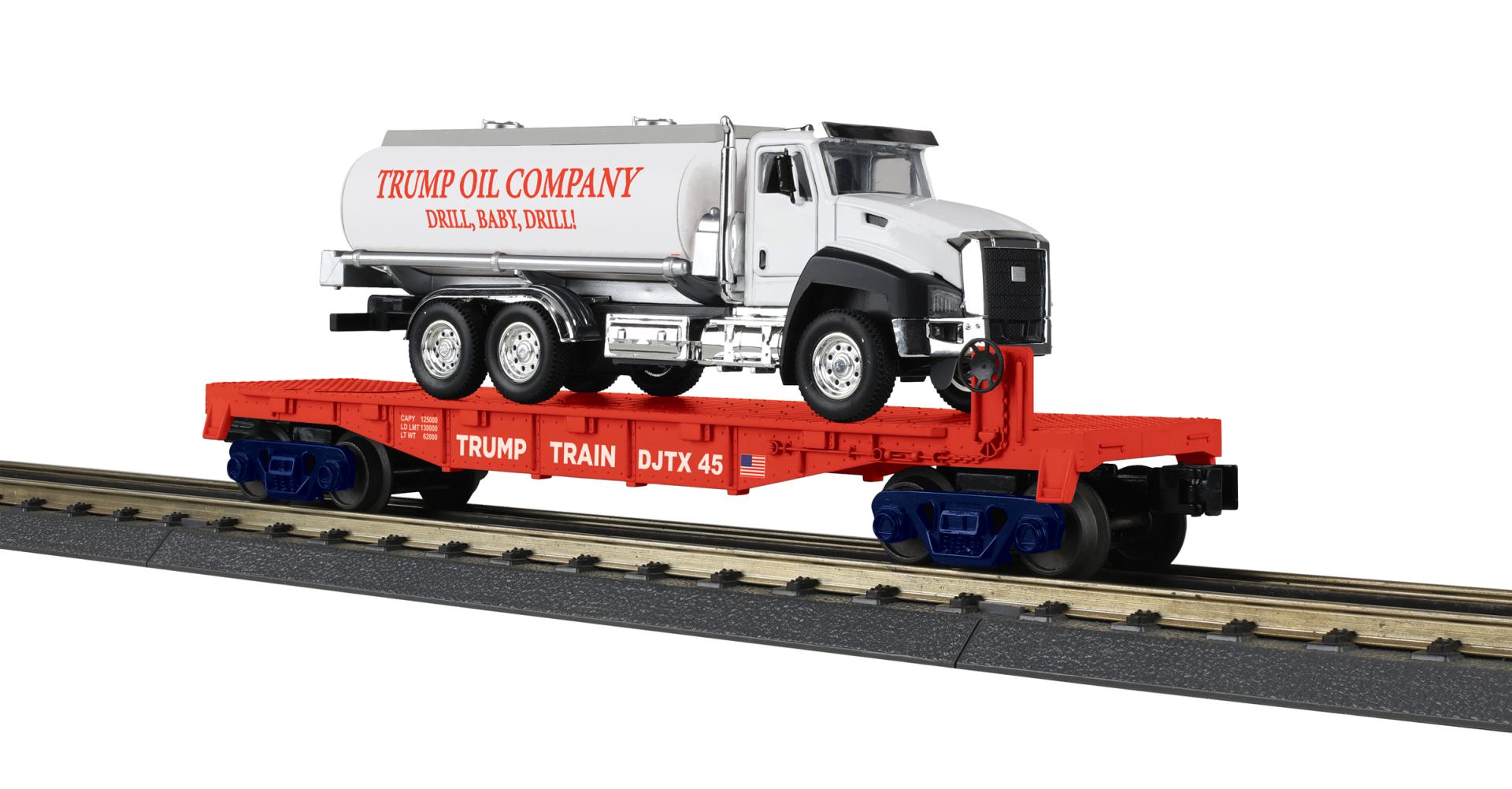Donald J. Trump O Gauge RailKing Flat Car with Tanker Truck | MTH Trains
