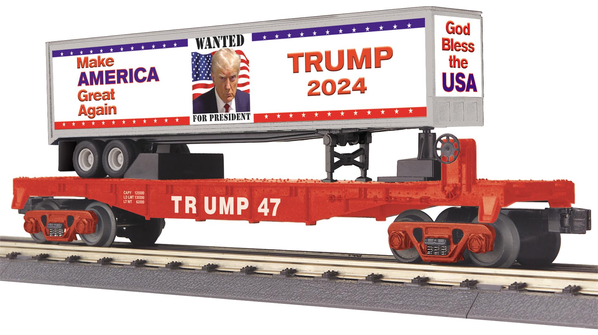 Donald J. Trump O Gauge RailKing Flat Car w/40’ Trailer | MTH Trains
